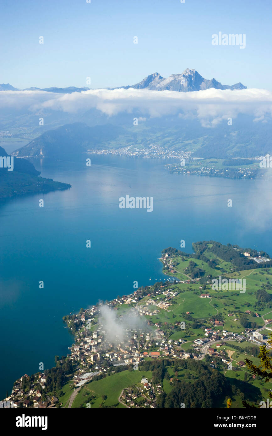 View on Weggis and Hertenstein at Lake Lucerne, Pilatus (2132 m) in ...