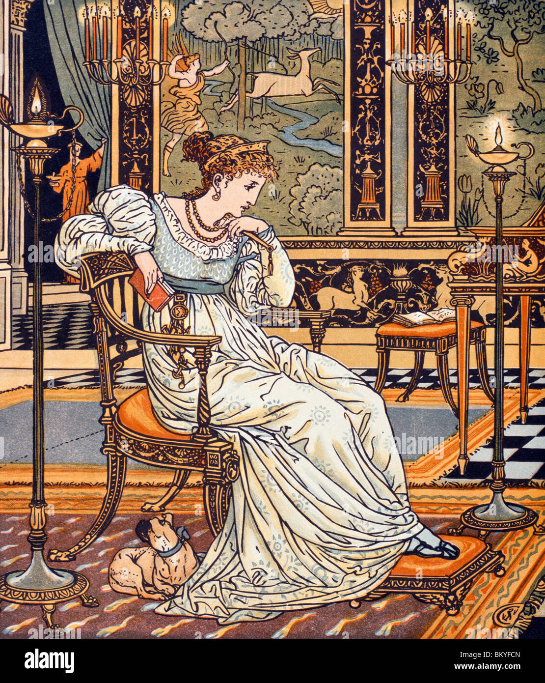 Queen in chair with dog from The Hind in the Wood by Walter Crane 1890 ...