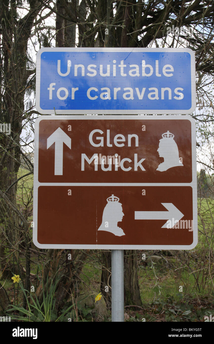 Tourist road sign for Glen Muick Deeside Aberdeenshire May 2010 Stock ...
