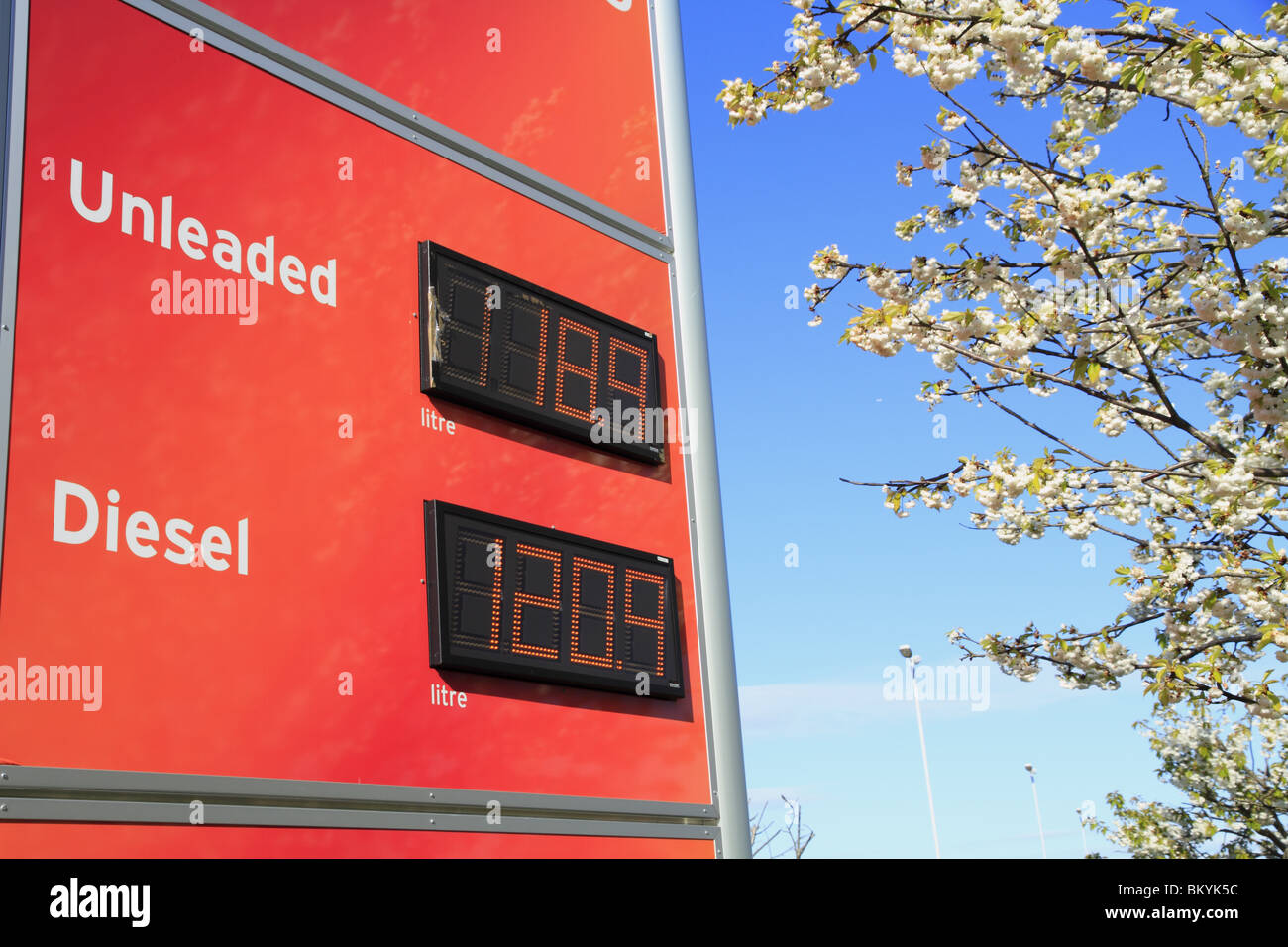 A fuel price display sign at a filling station in East Sussex, England ...