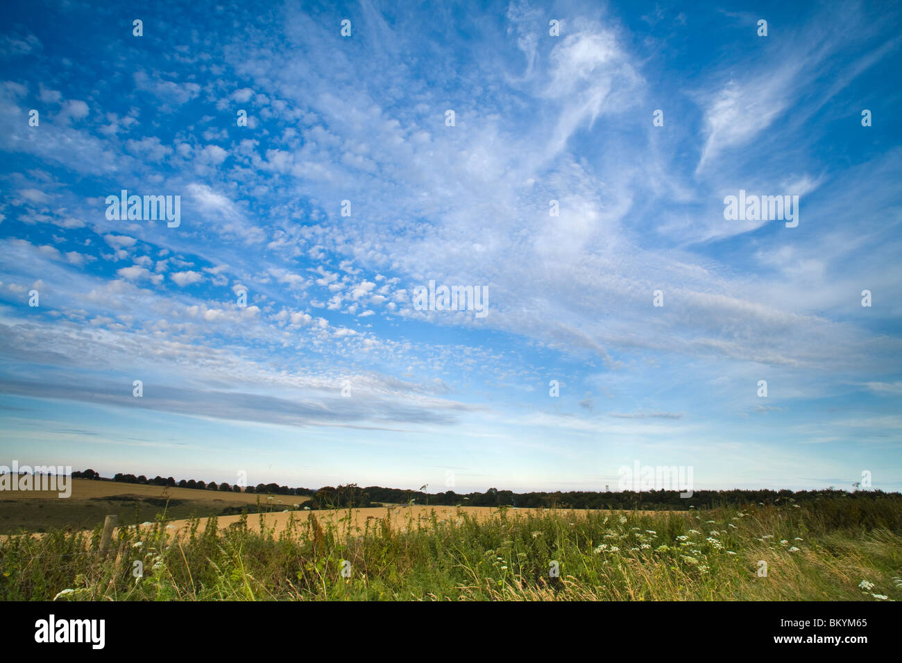 A photograph of a blue sky with clouds above the English countryside ...
