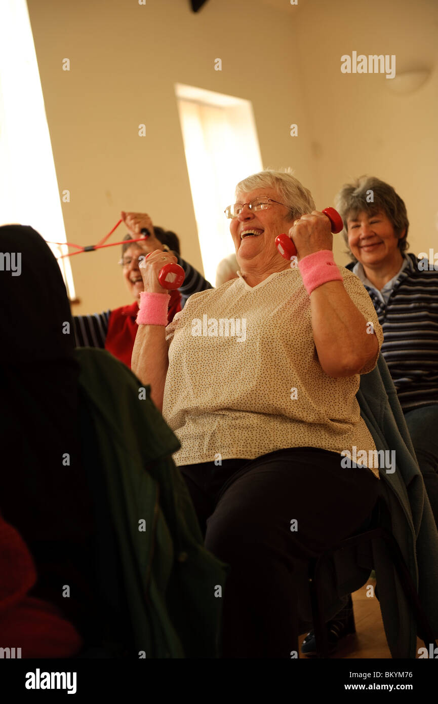 senior citizens participating in a low-impact chair aerobics class in a ...