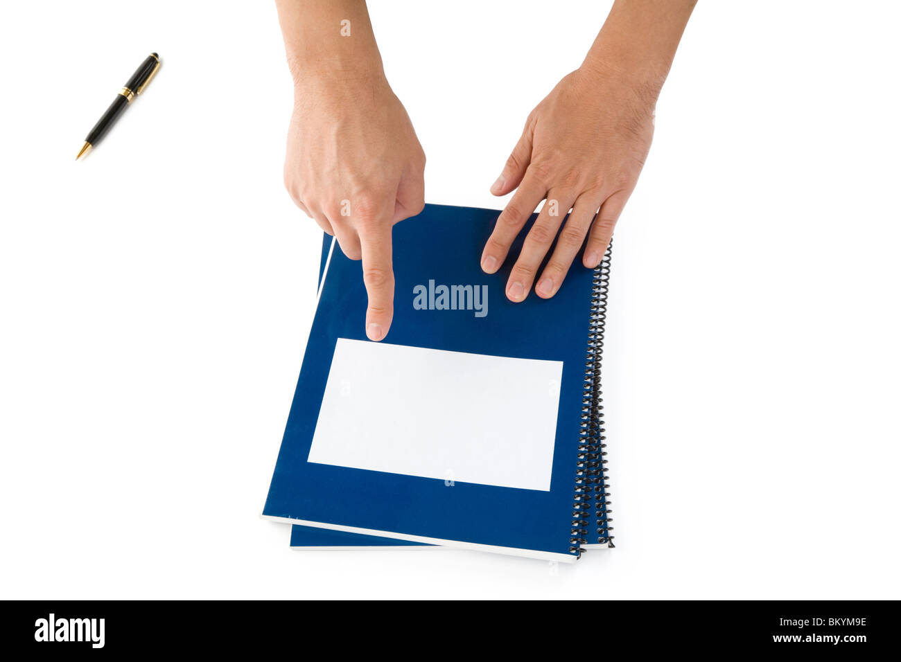 Blue school textbook, notebook or manual with white background Stock ...