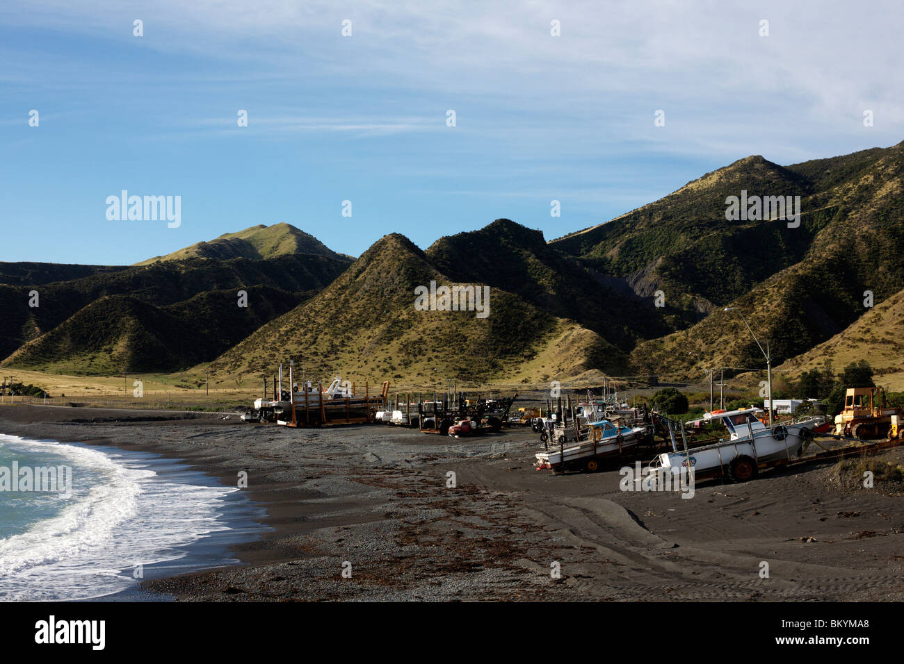 Fishing boats on the beach at Ngawi in Palliser Bay on the Wairarapa ...