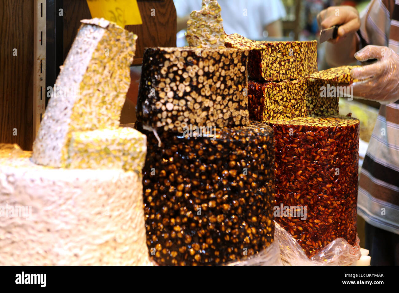 Halva sweets with pistachios on display at the Spice Bazaar ...