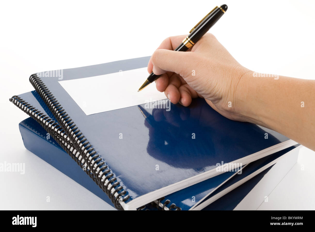 Blue school textbook, notebook or manual with white background Stock ...