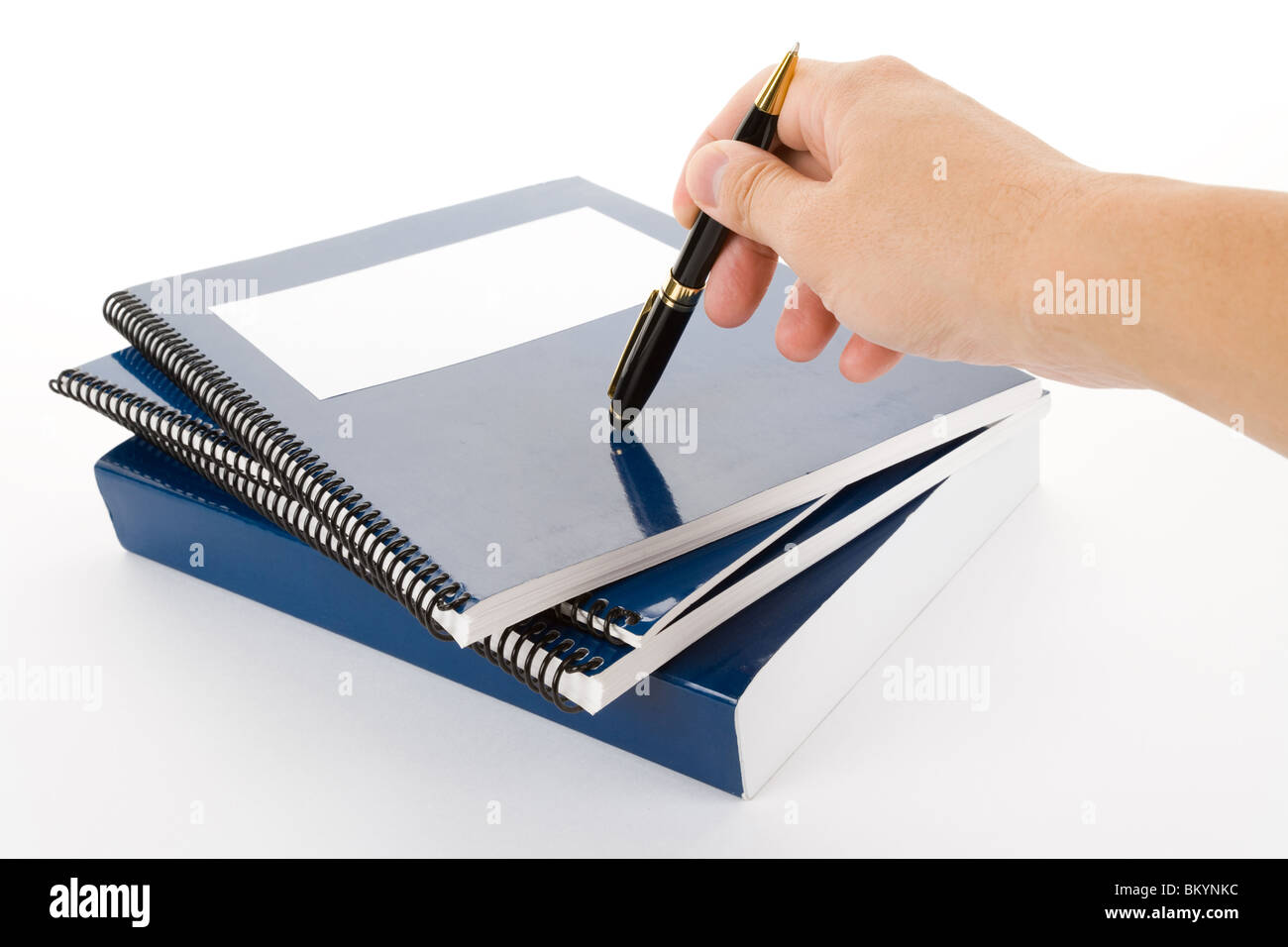Blue school textbook, notebook or manual with white background Stock ...
