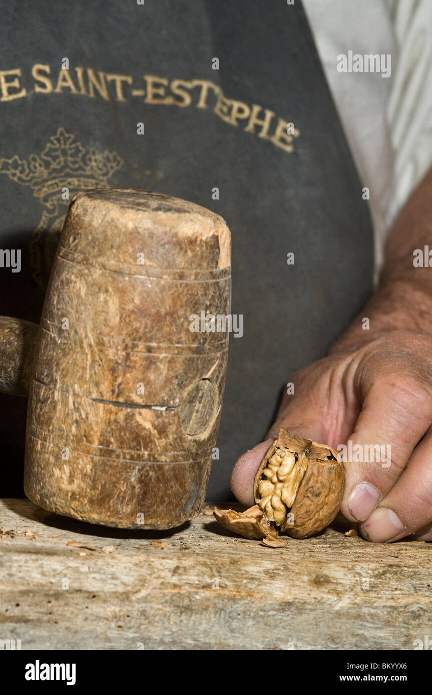 Man cracking walnuts with a mallet to make walnut oil Stock Photo - Alamy