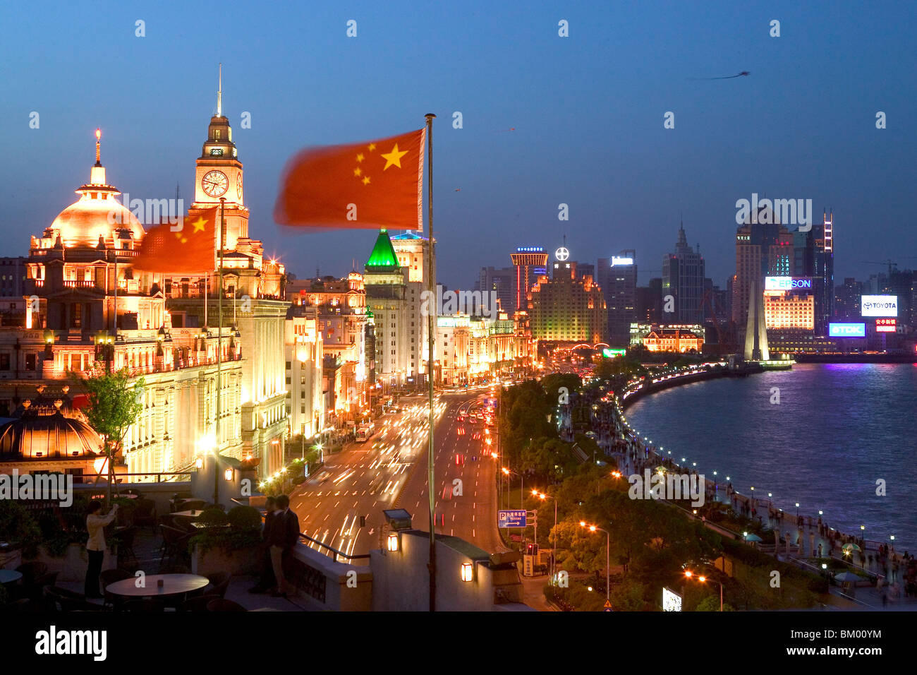 Huangpu River at night, View from roof terrace, Three on the Bund ...