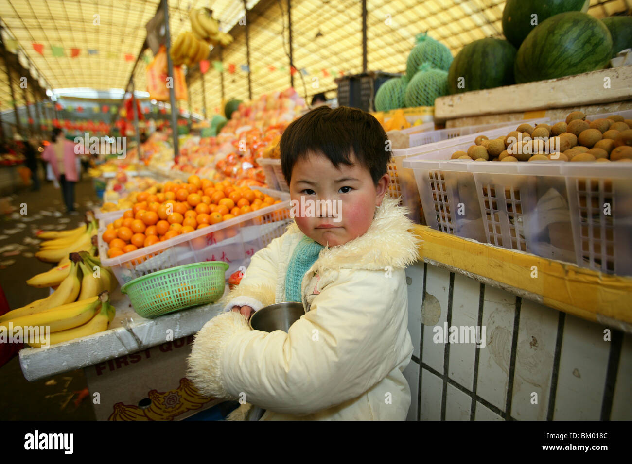 kid, child, young boy at the market stand of his parents, market hall ...