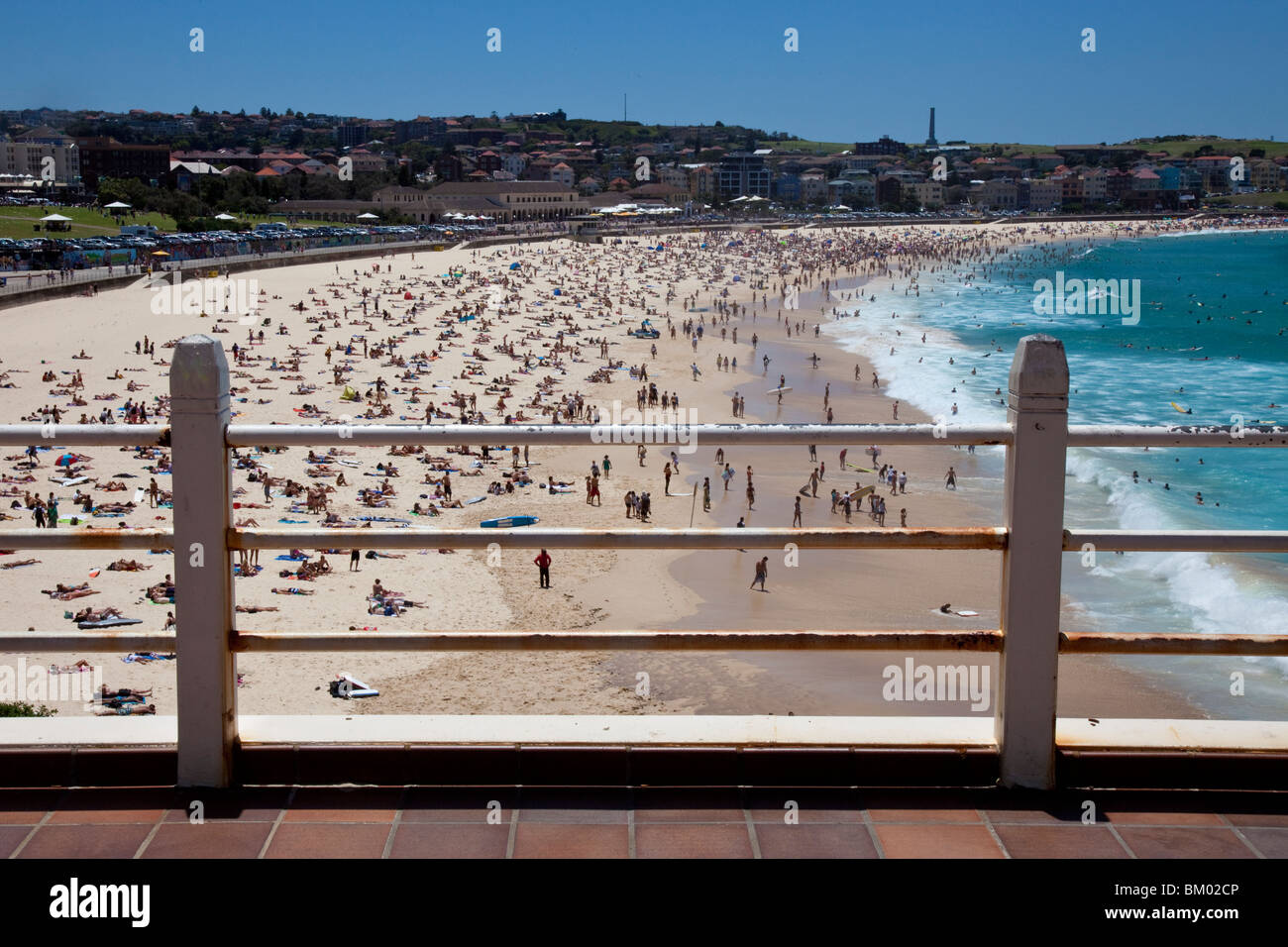 A very busy Bondi Beach on a summer public holiday, packed with people ...