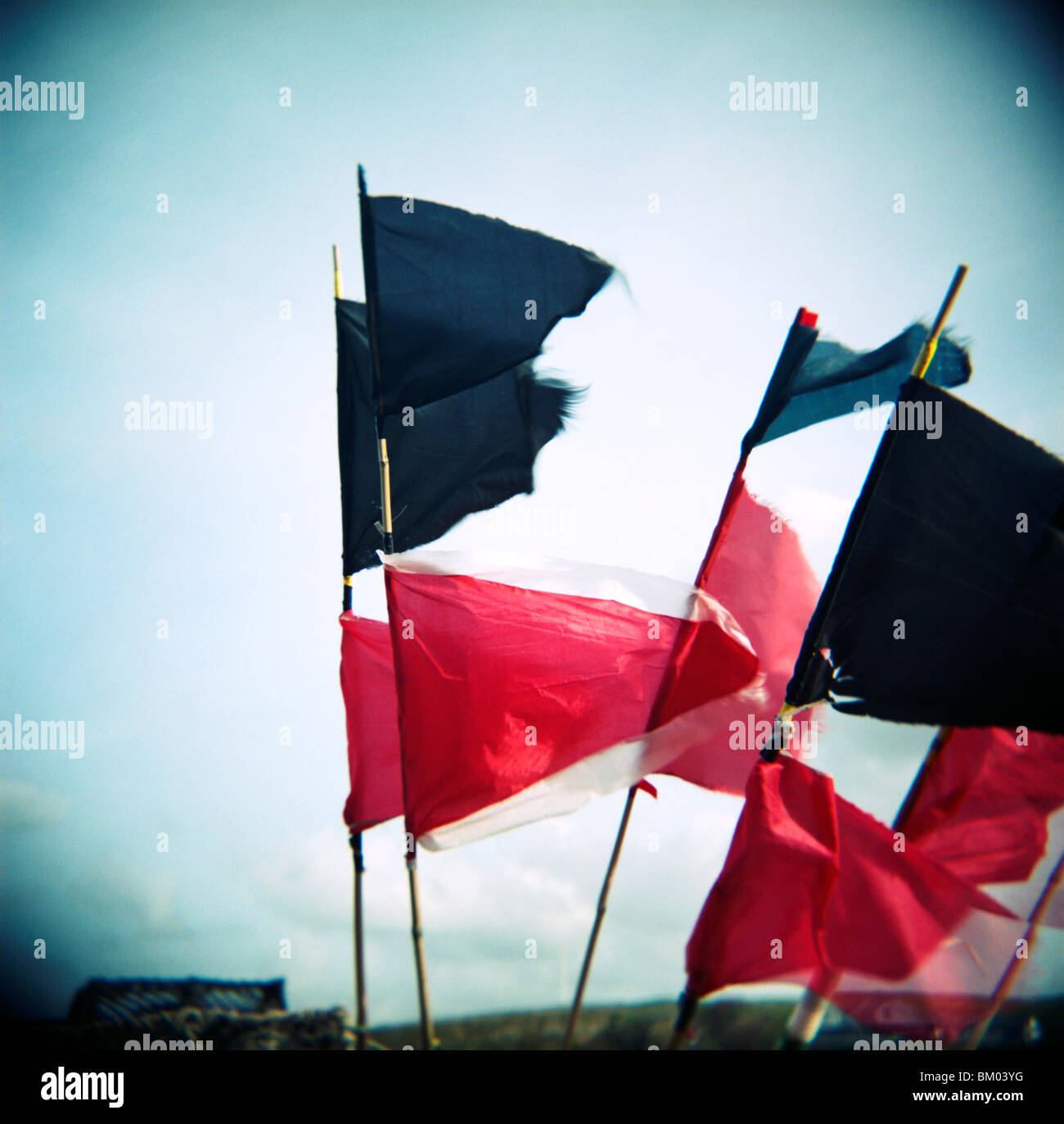 Red and blue flags blowing in strong wind Stock Photo - Alamy