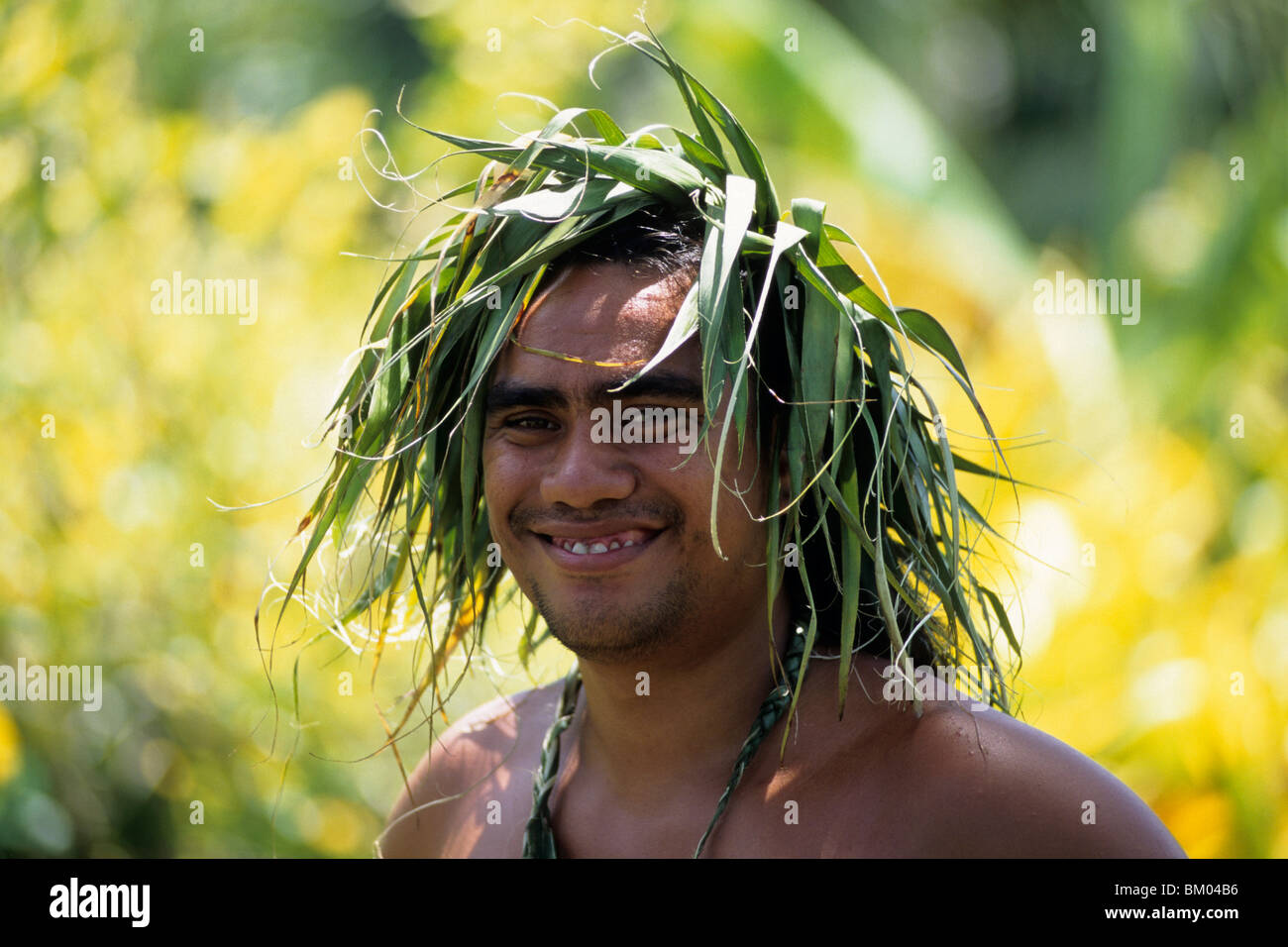 Man with Leaves on Head, Cook Islands Cultural Village, Rarotonga, Cook ...