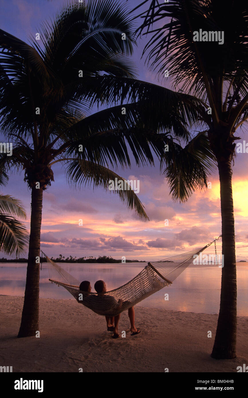 Hammock Sunset Silhouette, The Aitutaki Lagoon Resort, Aitutaki, Cook ...
