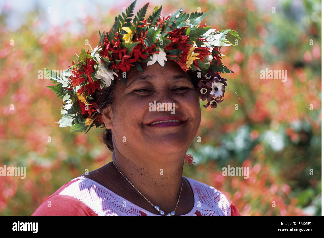 Polynesian Woman with Flower Headdress, Raiatea, French Polynesia Stock ...