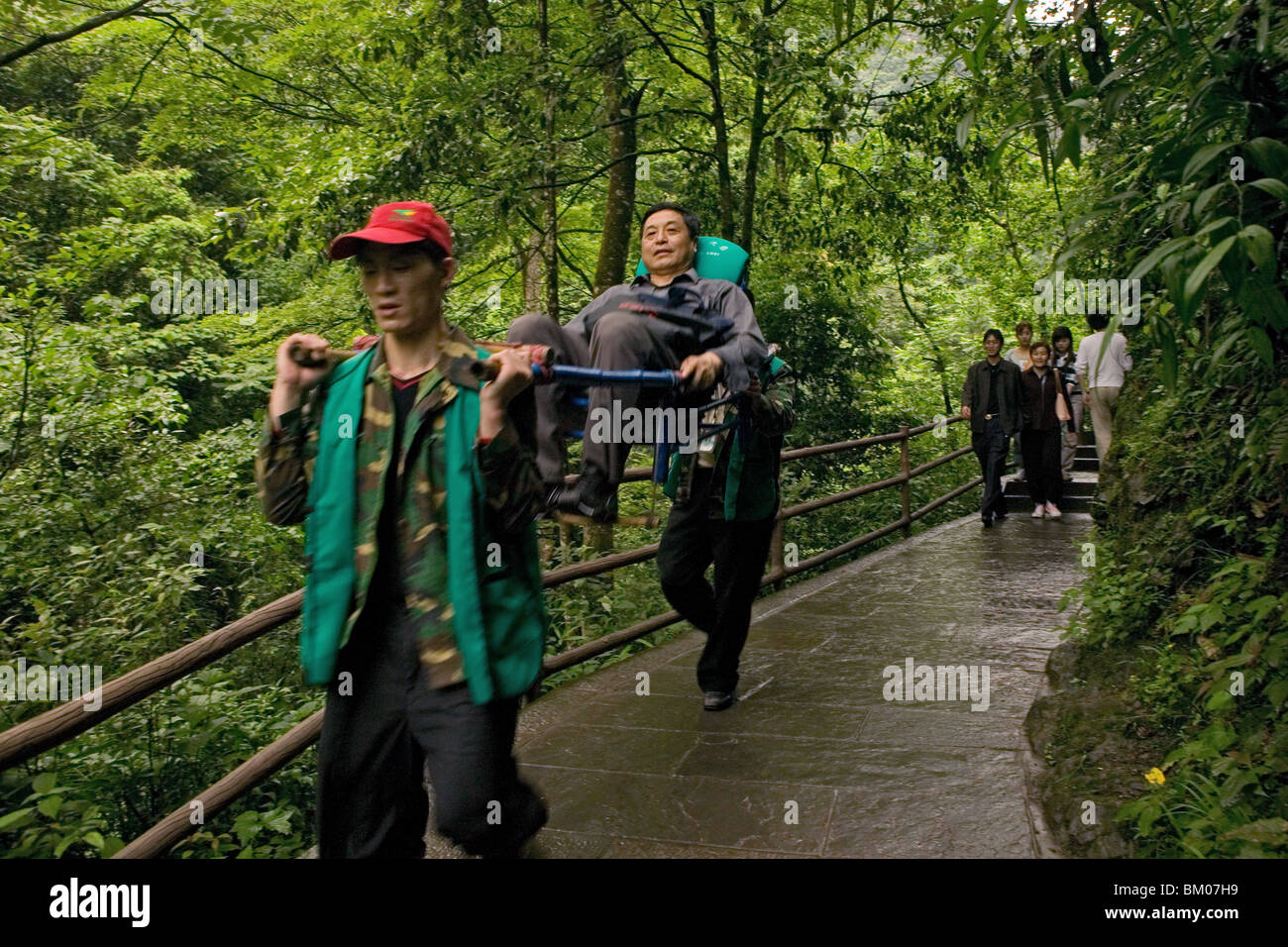 path and stairs, porters with sedan chairs, mountains, Emei Shan, China ...