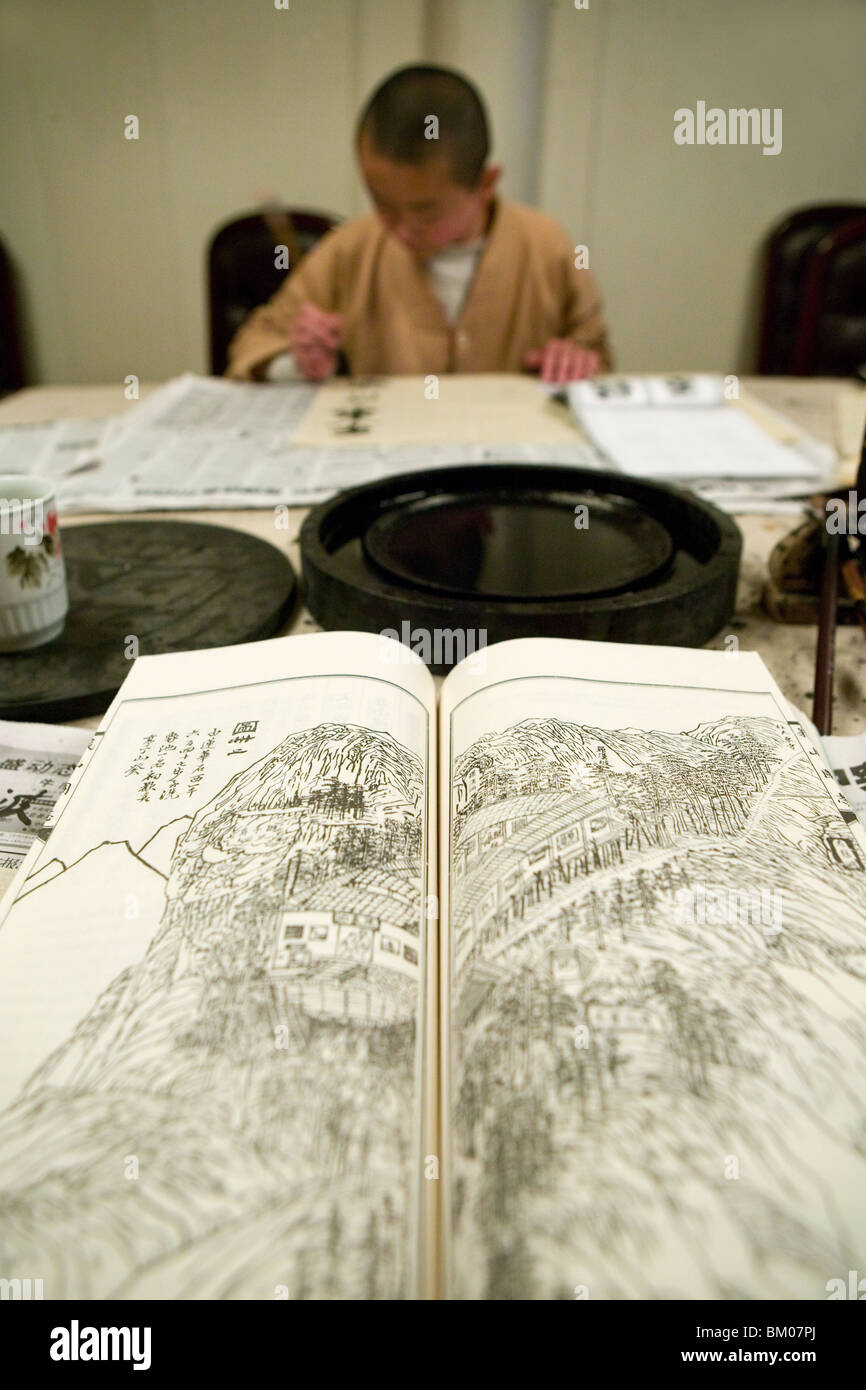 evening school for calligraphy, young monk, Xixiang Chi monastery and ...