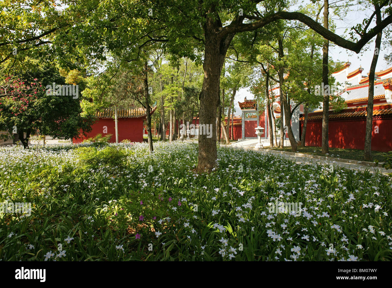 Temple Garden, red monastery wall, Taoist Heng Shan south, Hunan ...