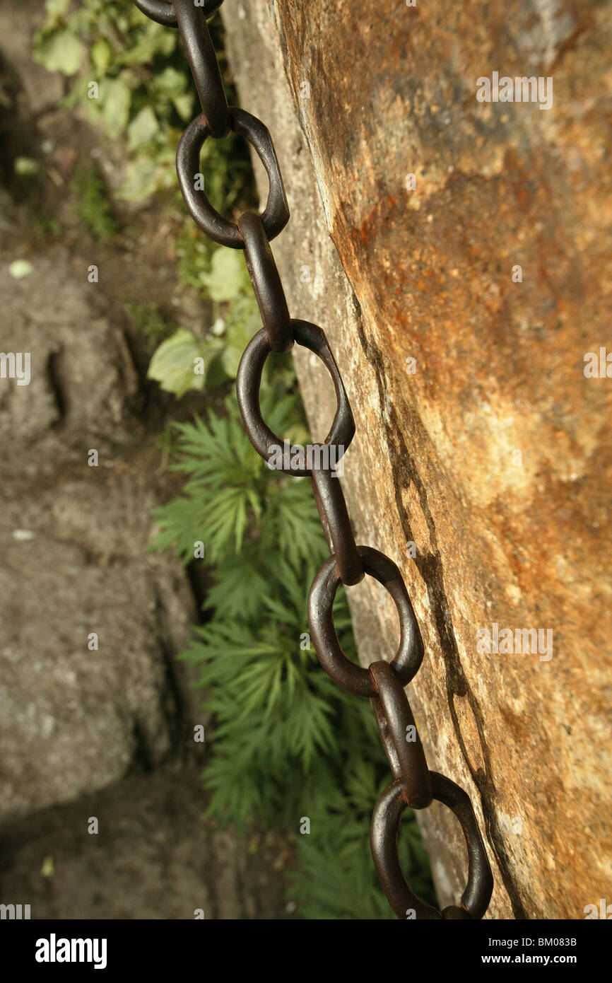 pilgrim path along stone steps with worn down chain handrail, Hua Shan ...