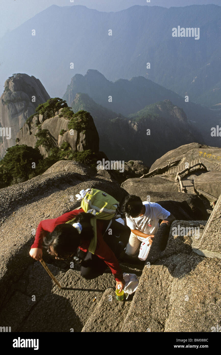 steep rock carved stone steps to Lotus Peak, Huang Shan, Anhui province ...
