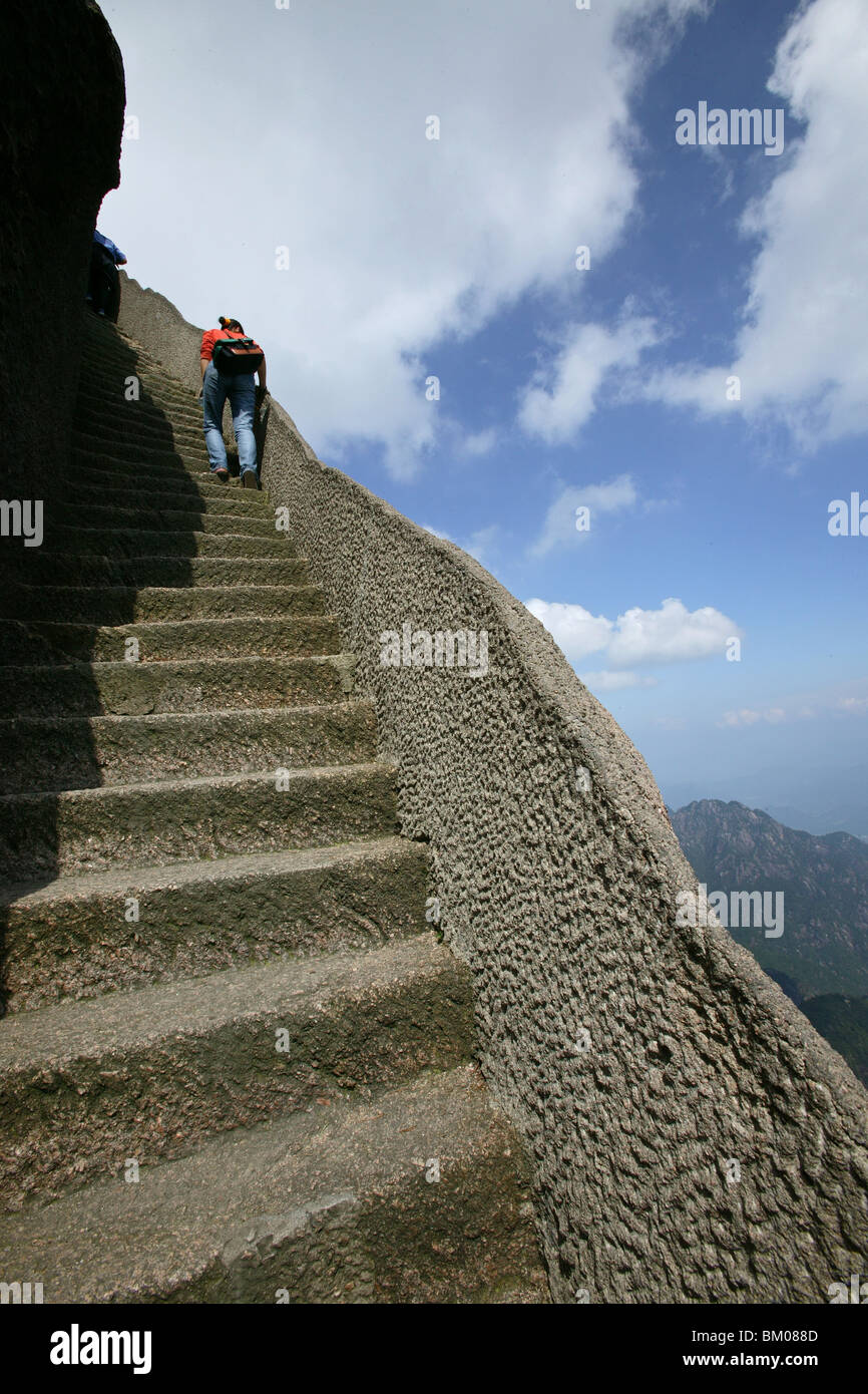 steep rock carved stone steps to Lotus Peak, Huang Shan, Anhui province ...