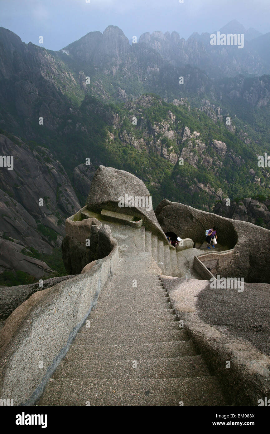 steep rock carved stone steps to Lotus Peak, Huang Shan, Anhui province ...
