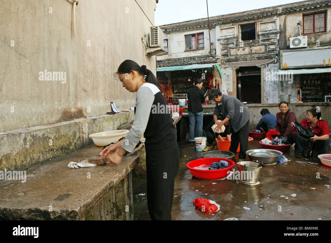 public community outdoor laundry, Buddhist Island of Putuo Shan near ...