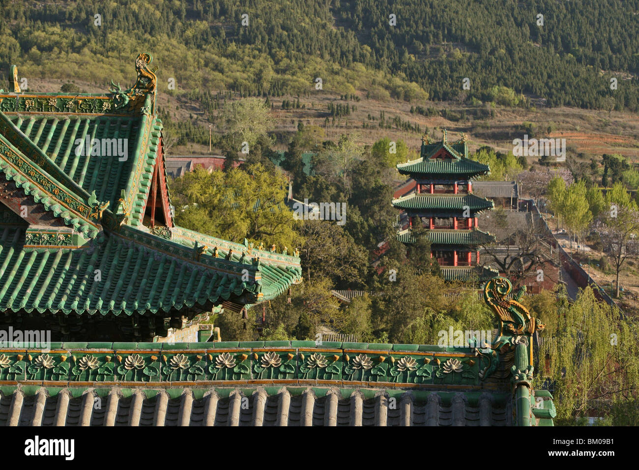 Taoist Buddhist mountain, Song Shan, roofs of the Shaolin Monastery, known for Shaolin boxing ...