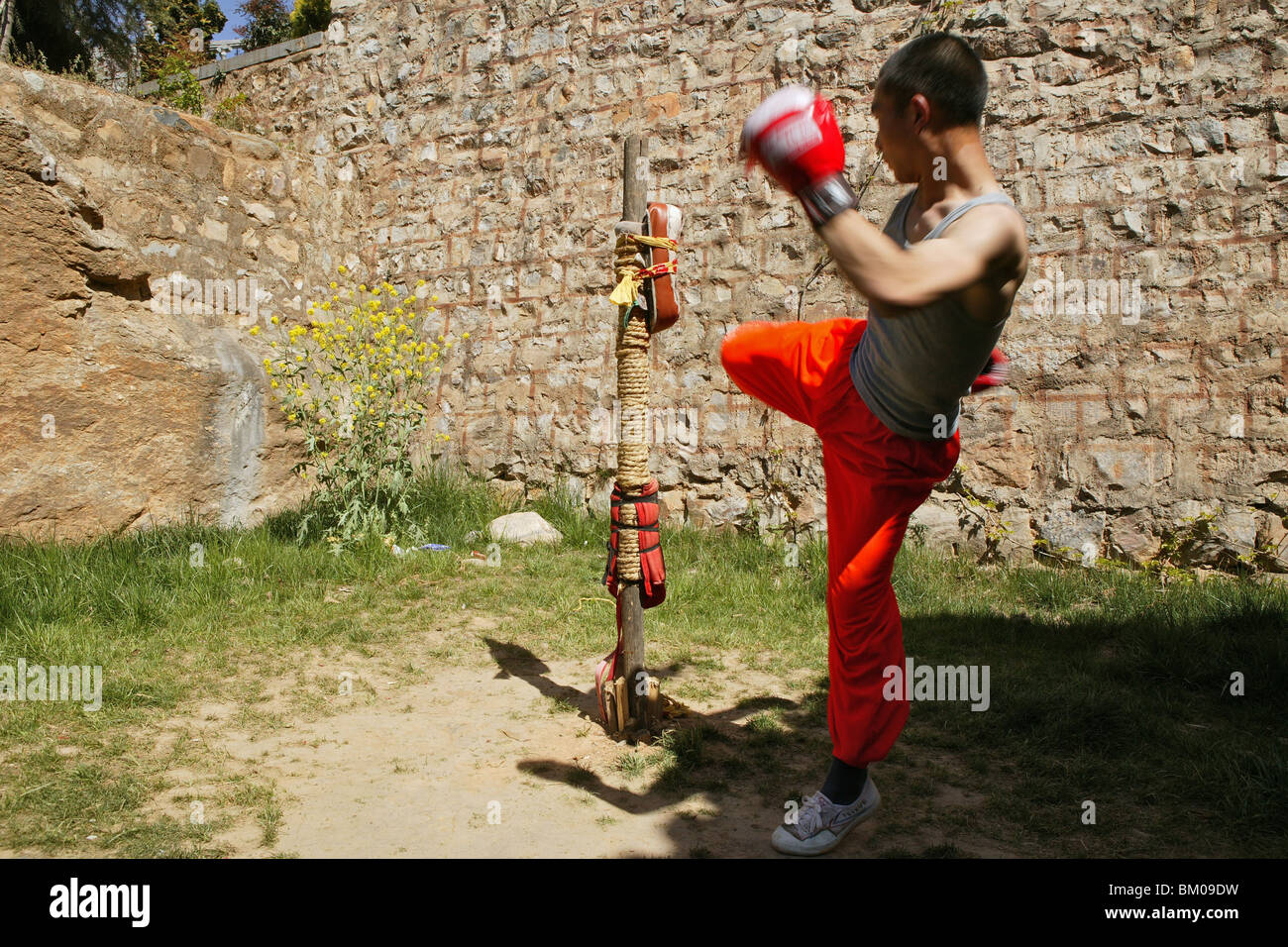 Kung Fu student kick boxing training, Song Shan, Henan province, China ...