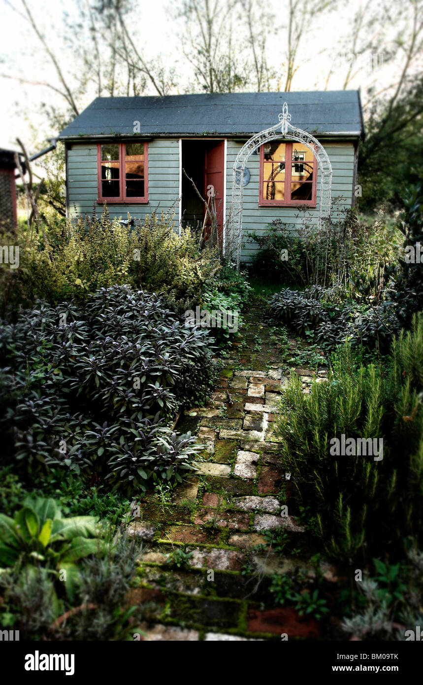 An old wooden shed and brick path Stock Photo - Alamy