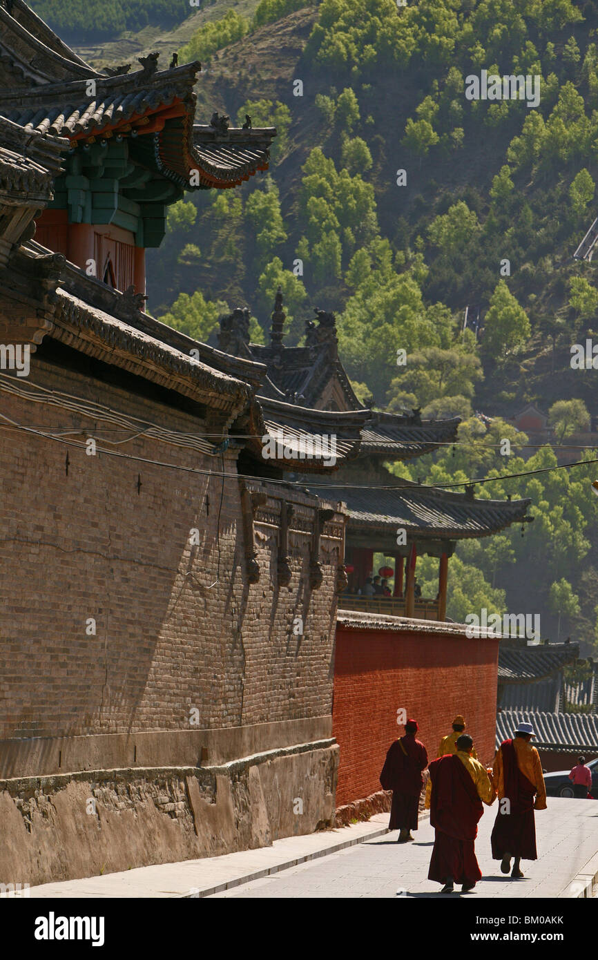 high walls of Xiantong monastery, buddhist monks, courtyard, during ...