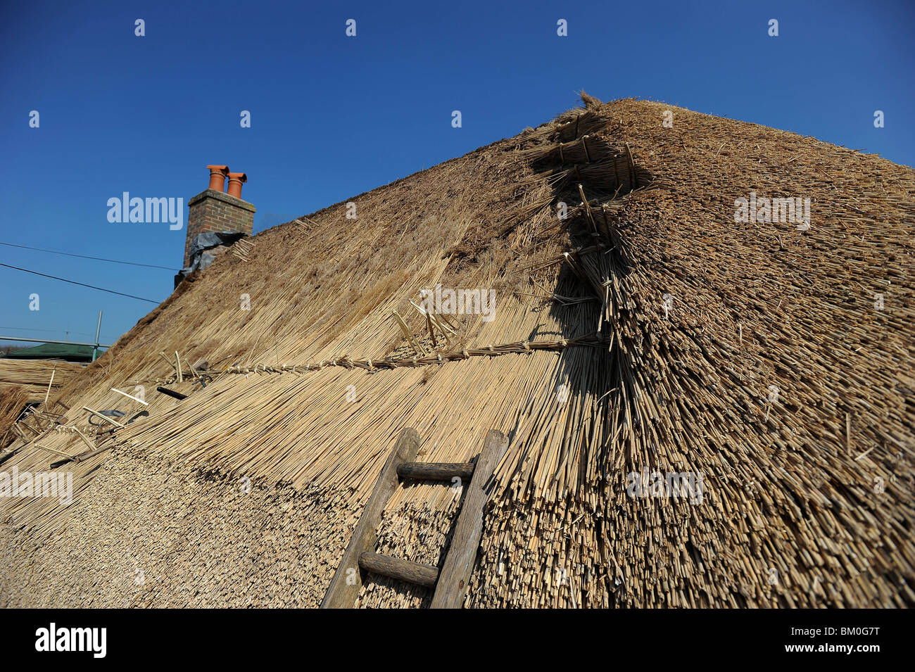 A thatched roof, on a house in Dorset, UK, work in progress showing ...