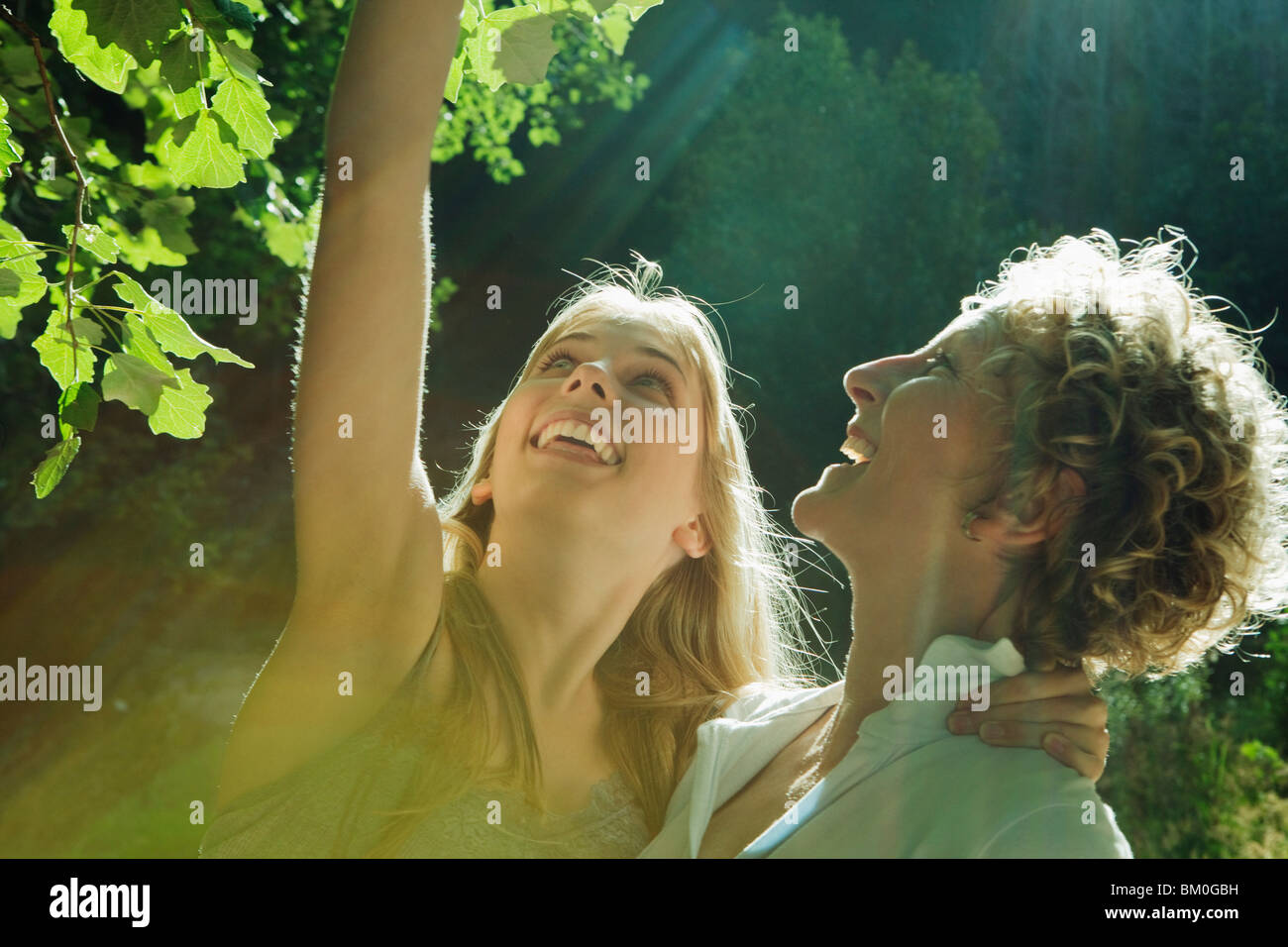 Mother and daughter looking at tree Stock Photo - Alamy