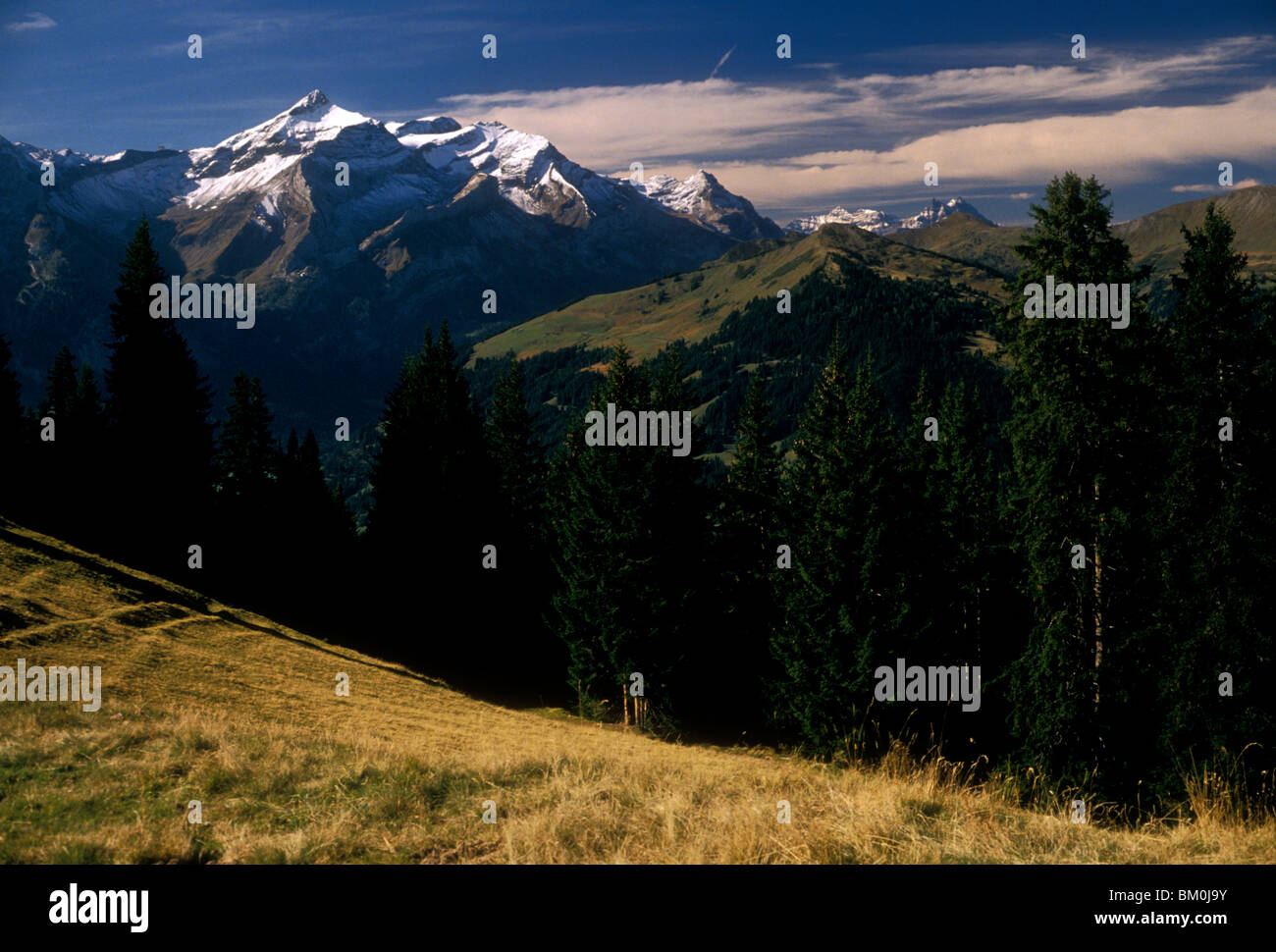 Hiking trail mountain landscape Bernese Oberland near town of Gstaad ...