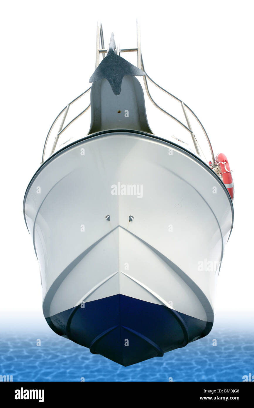 Beached white sport motor boat hull view from down isolated over white ...