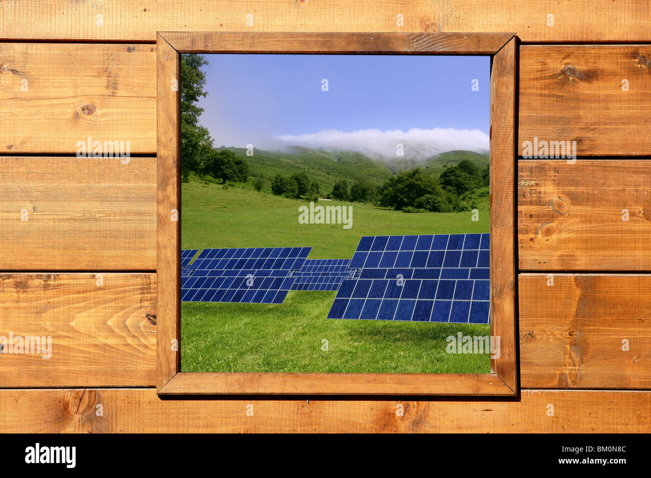 Solar plates meadow view from wooden window in a wood cabin Stock Photo ...