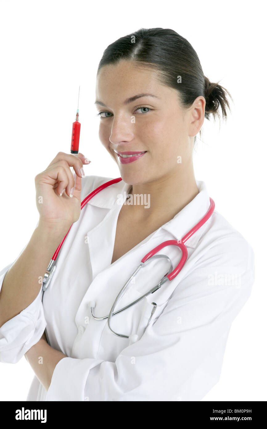 Beautiful woman doctor with red syringe injection in hand Stock Photo ...
