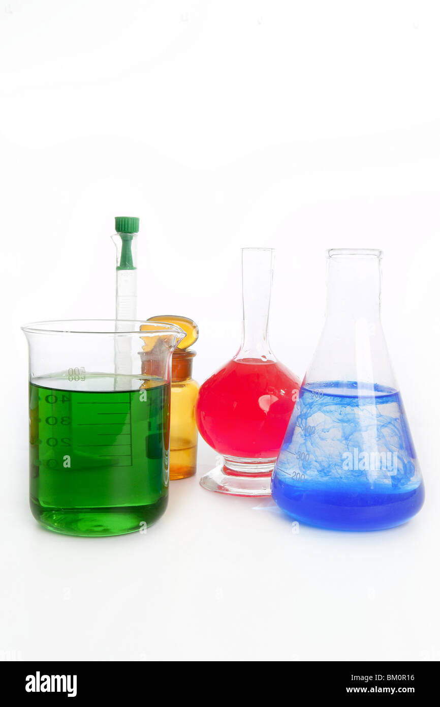 Chemist research laboratory with chemical colorful equipment over white ...