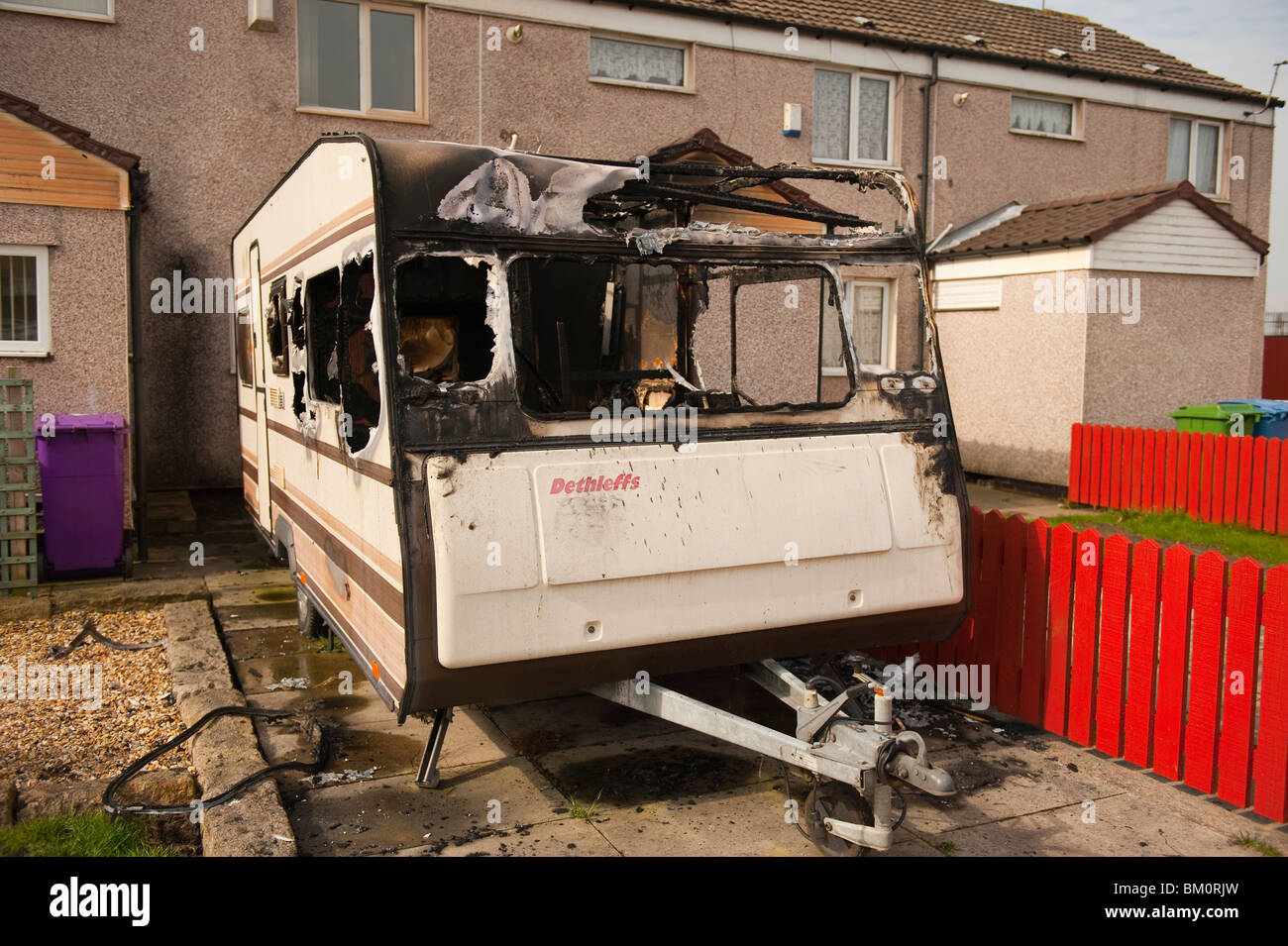Burnt out Dethleffs touring caravan following arson fire Stock Photo ...