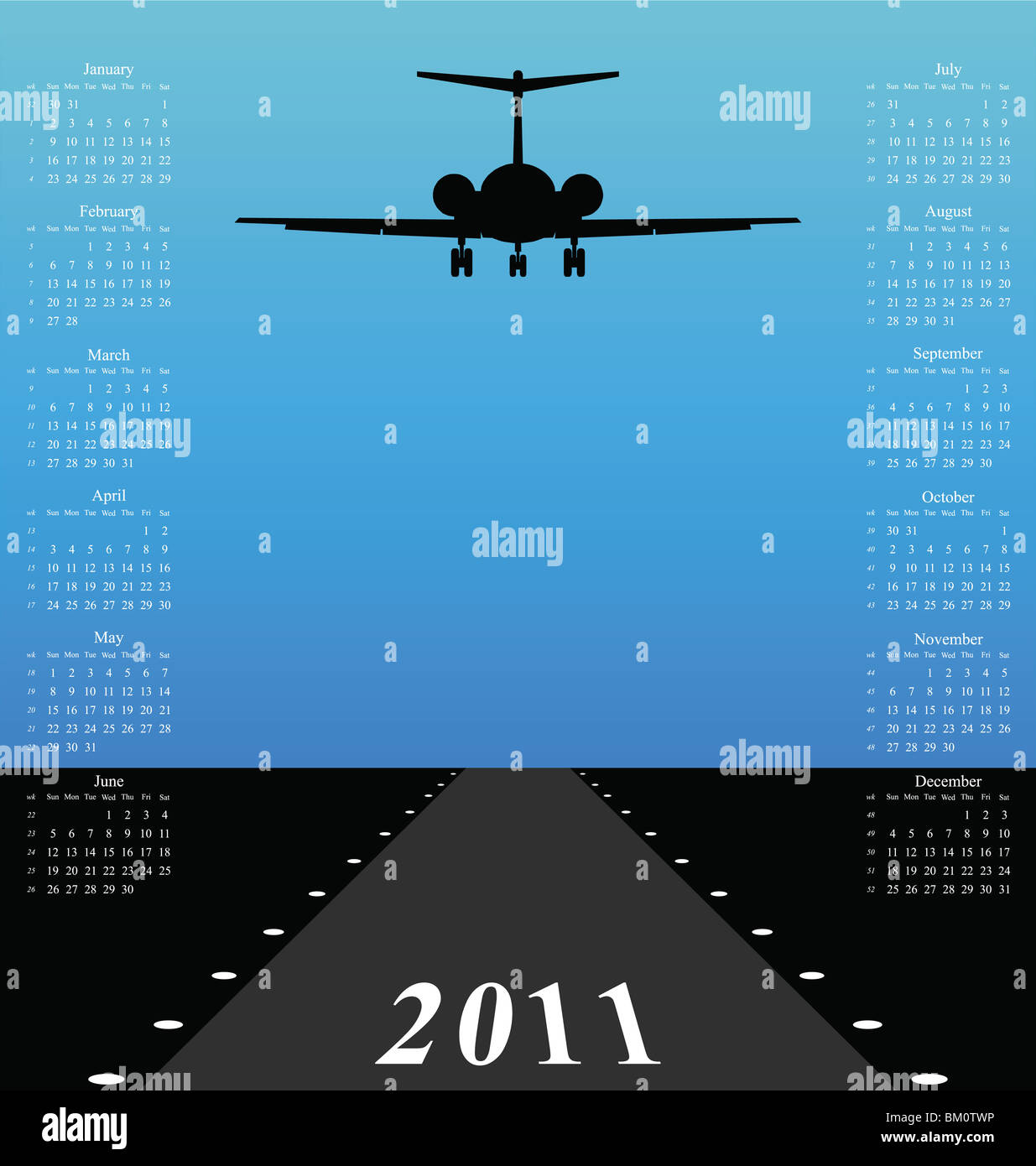 Vector of 2011 calendar with an airplane landing Stock Photo - Alamy