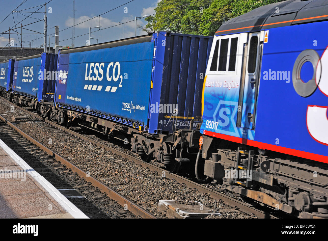 Stobart Rail locomotive No. 92017 "Bart the Engine" hauling Tesco Less ...