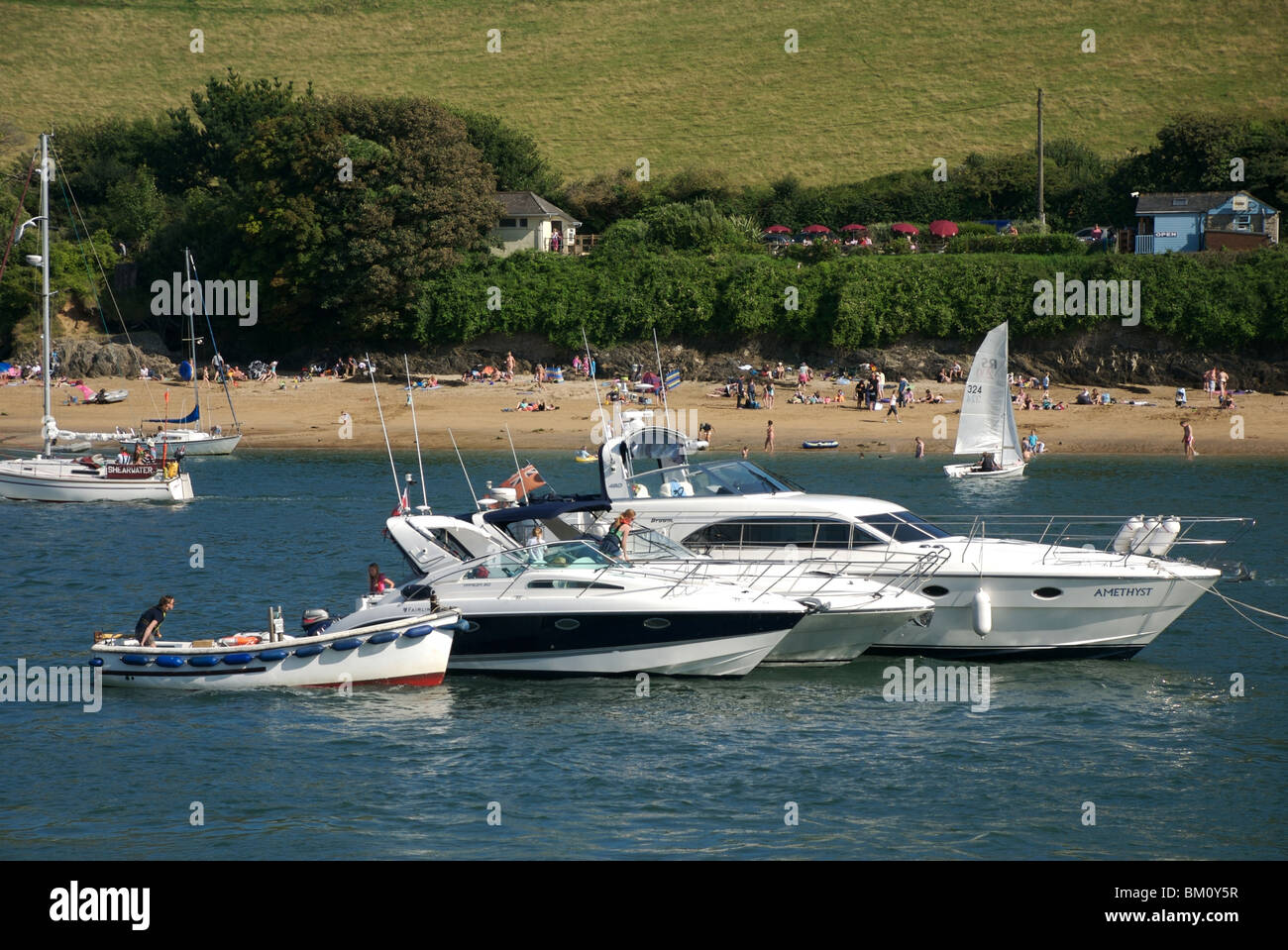 Four different size boats moored together, Salcombe, Devon, UK Stock ...