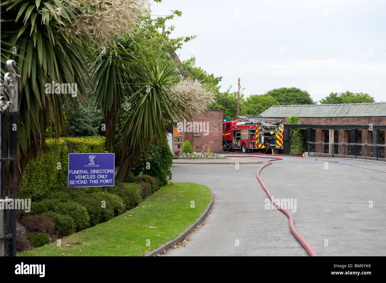 Fire engine tackling blaze at Crematorium UK Stock Photo - Alamy