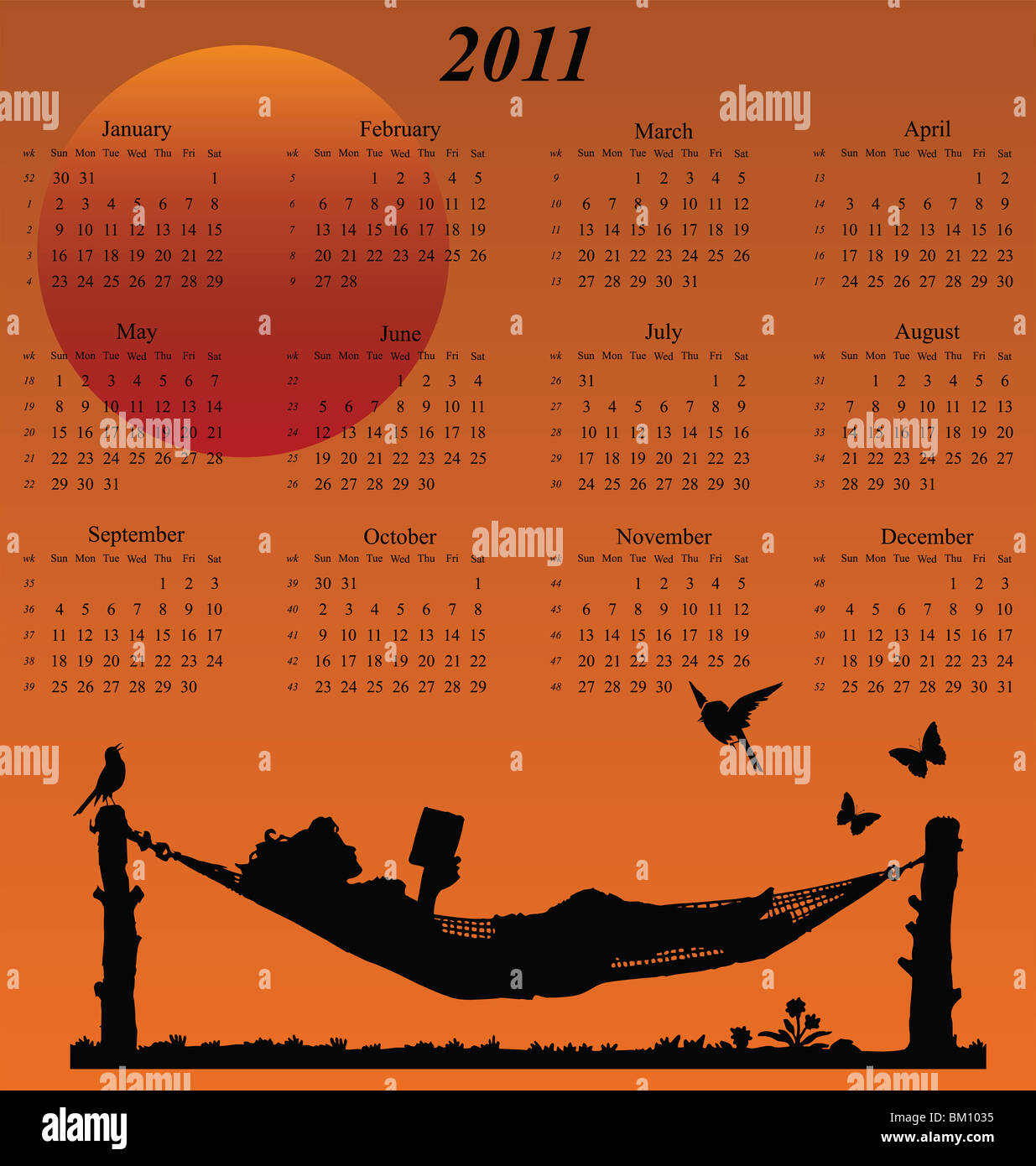 Vector of 2011 calendar with woman relaxing in a hammock theme Stock ...