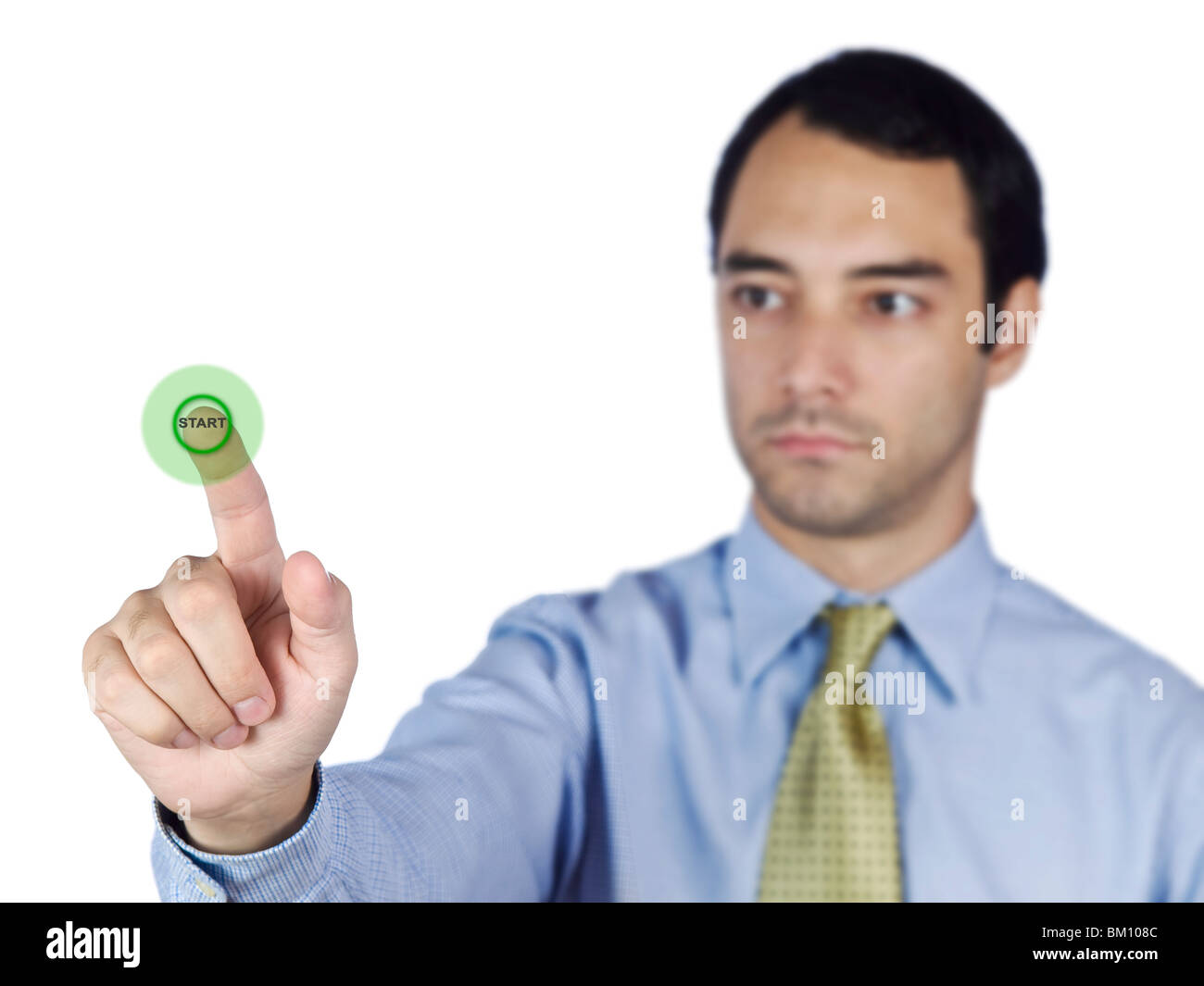 Young business man touching a start button on the screen Stock Photo ...