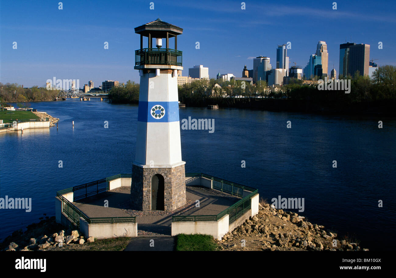Lighthouse in a city, Boom Island Park, Mississippi River, Minneapolis ...