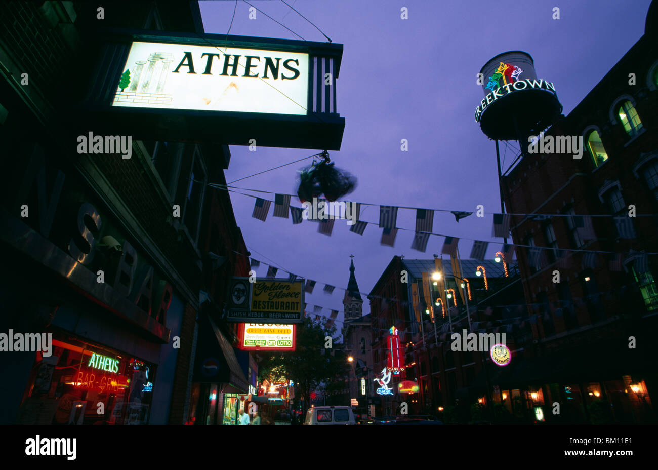 Street lit up at dusk, Greektown Historic District, Detroit, Michigan ...