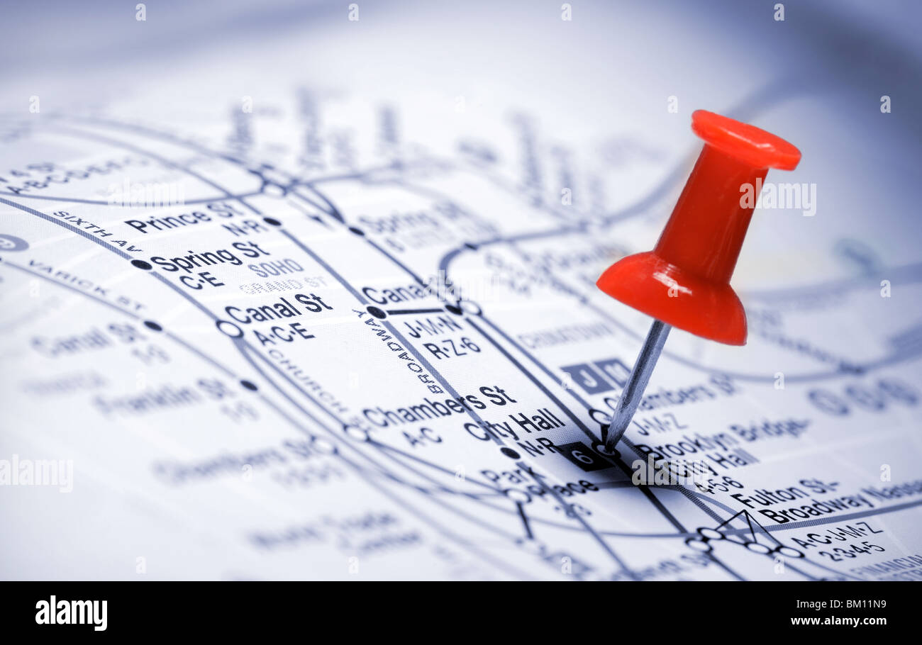 Thumbtack in a subway Map, New York Stock Photo - Alamy