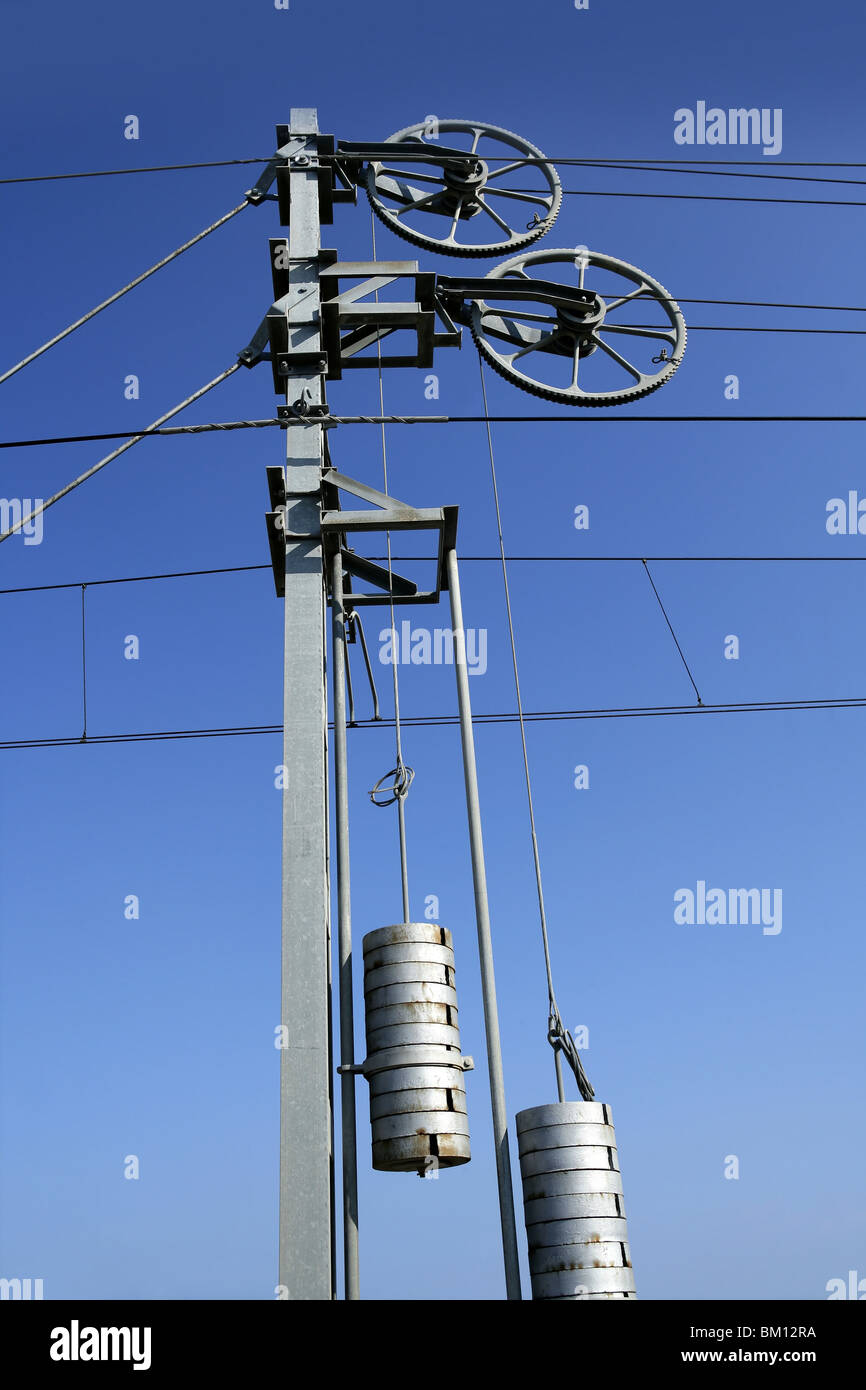 Cables and pole tower, electric train railway Stock Photo - Alamy