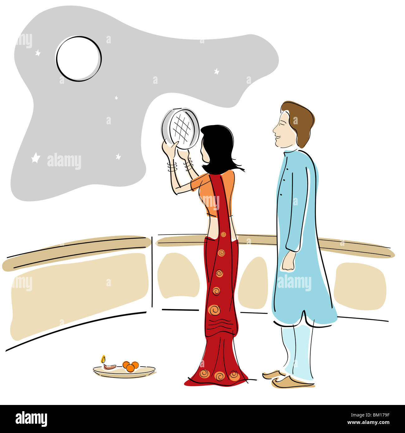 Woman watching moon through a sieve at Karva Chauth Stock Photo - Alamy